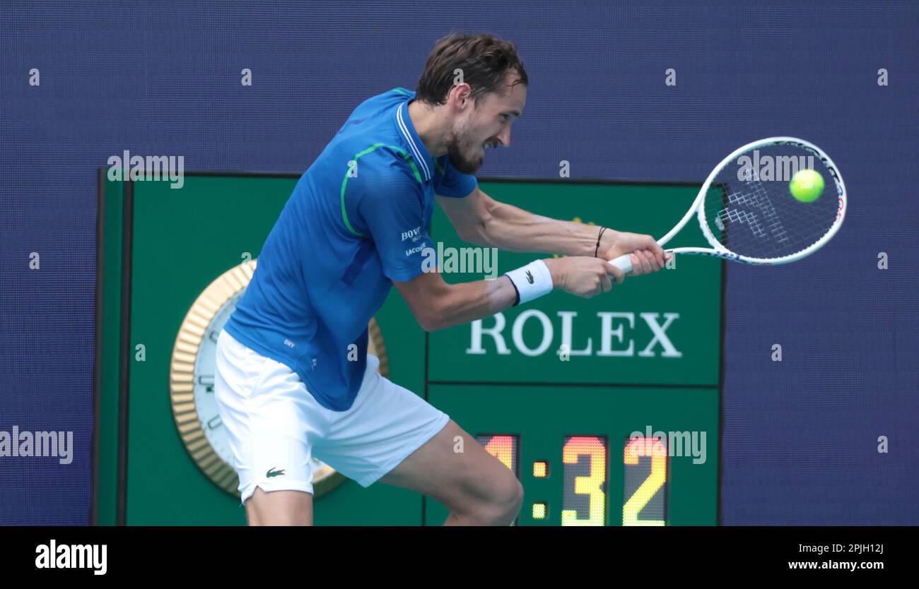 Miami Gardens, United States. 02nd Apr, 2023. Daniil Medvedev hits a ...