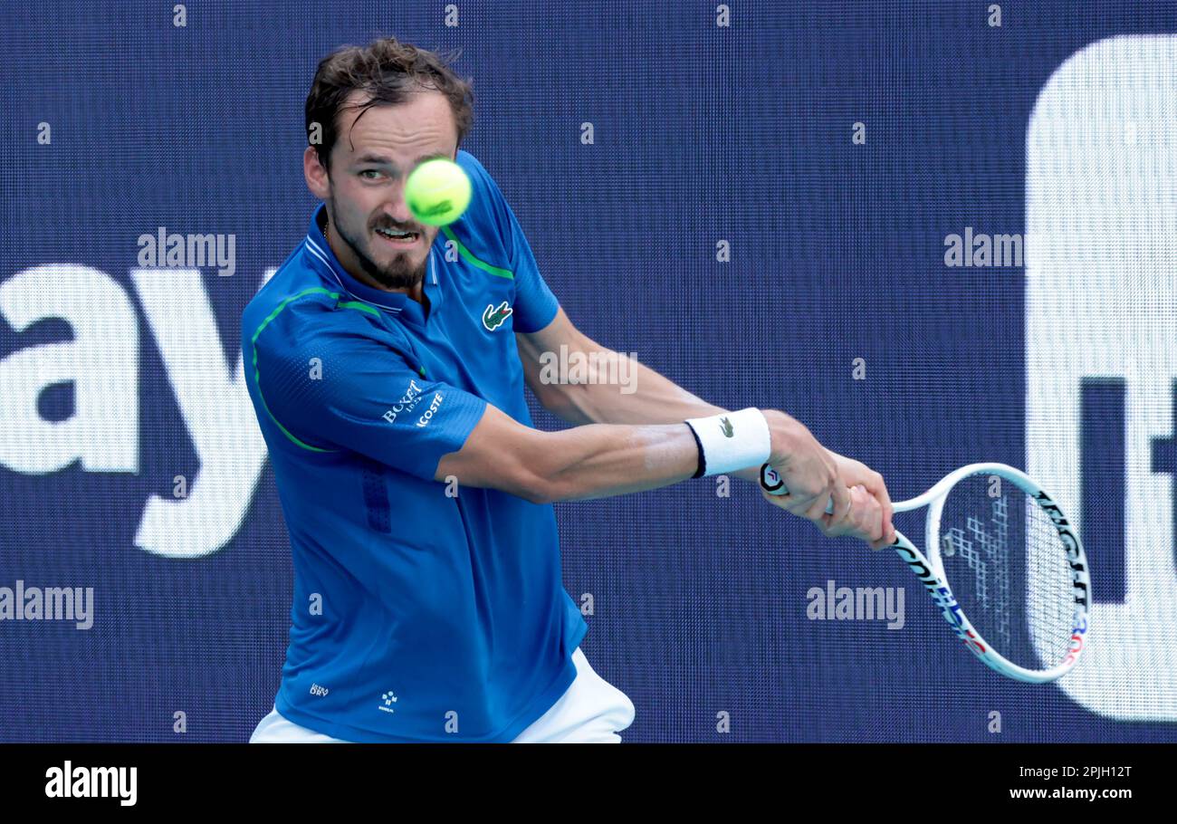 Miami Gardens, United States. 02nd Apr, 2023. Daniil Medvedev hits a ...