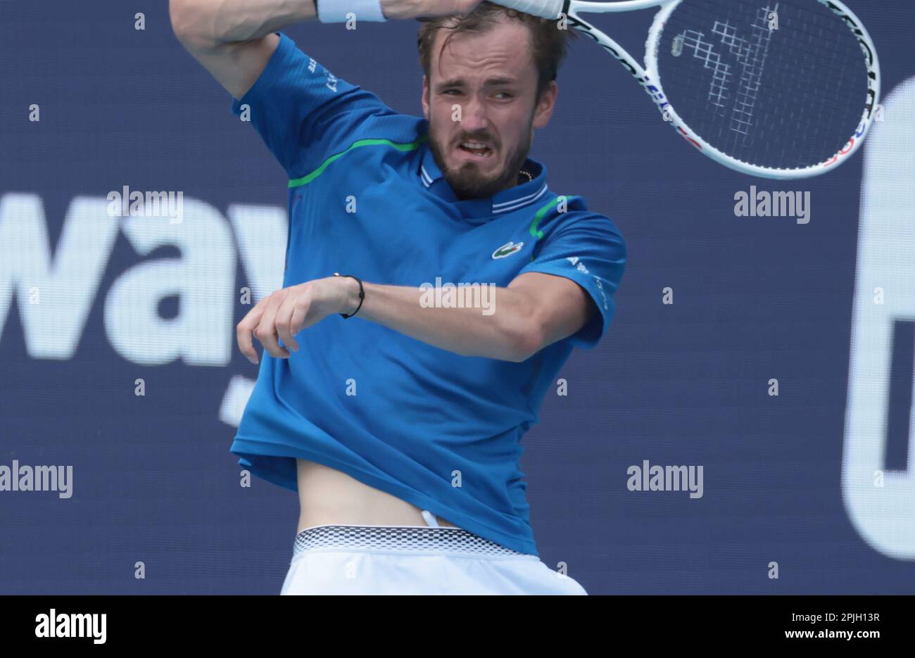 Miami Gardens, United States. 02nd Apr, 2023. Daniil Medvedev hits a ...