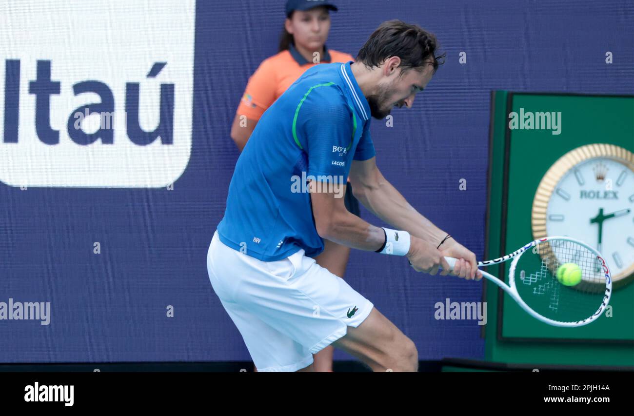 Miami Gardens, United States. 02nd Apr, 2023. Daniil Medvedev hits a ...