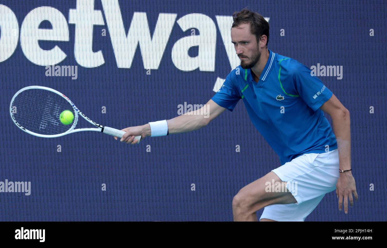 Miami Gardens, United States. 02nd Apr, 2023. Daniil Medvedev hits a ...