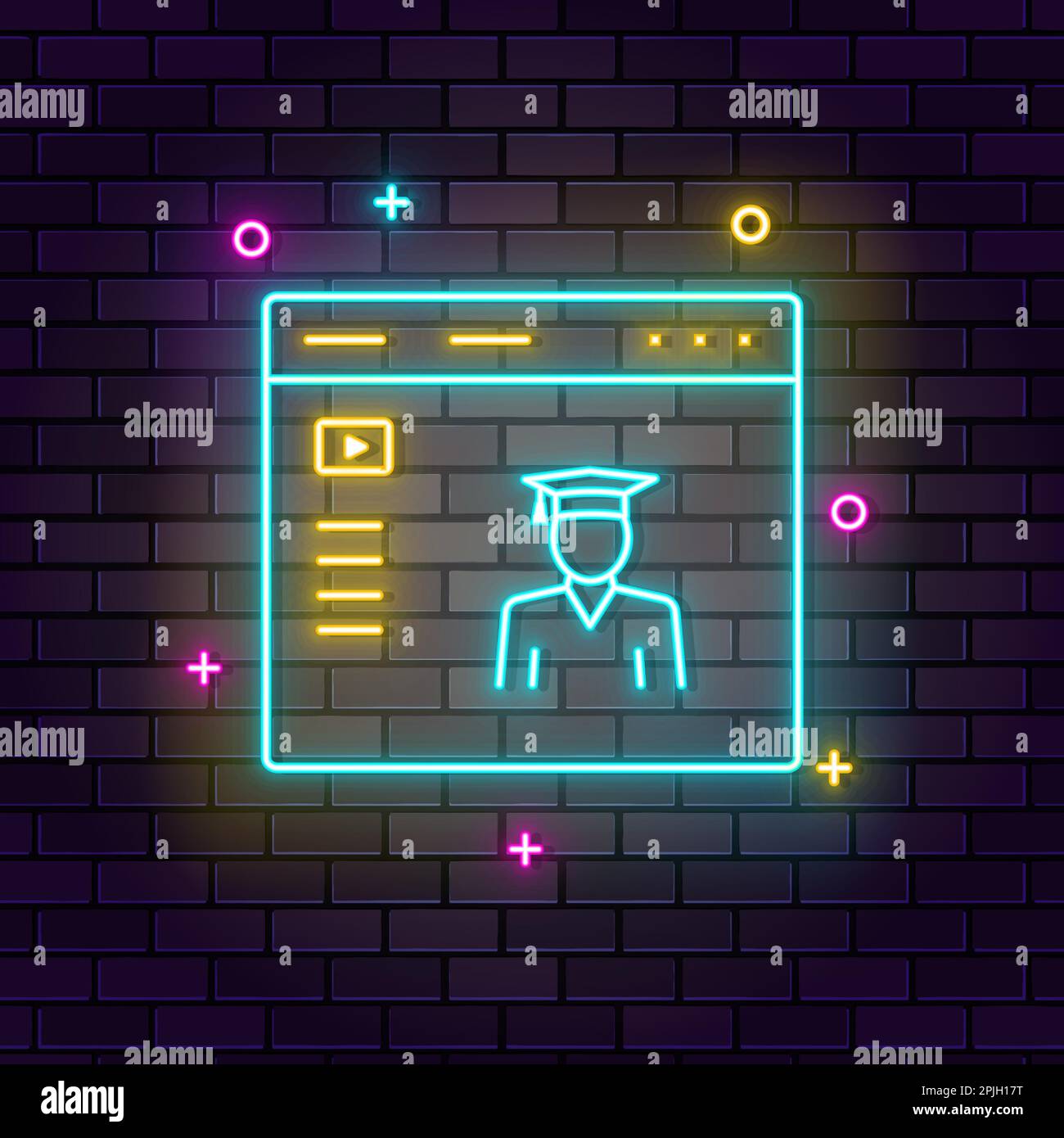Online learning neon icon. Education neon icon on dark brick wall ...
