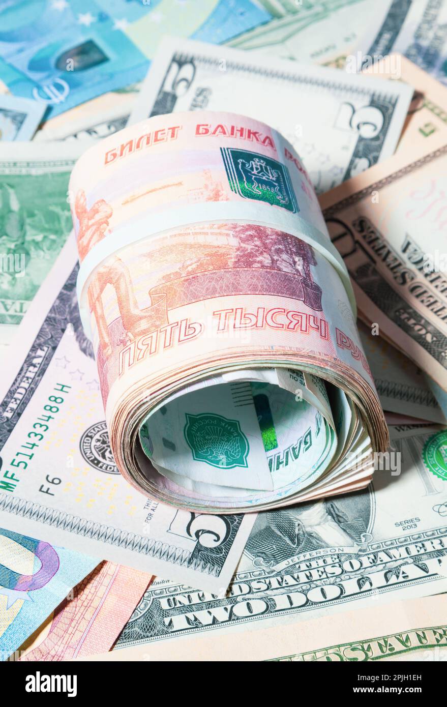 A bundle of Russian paper money in denominations of 1 and 5 thousand ...