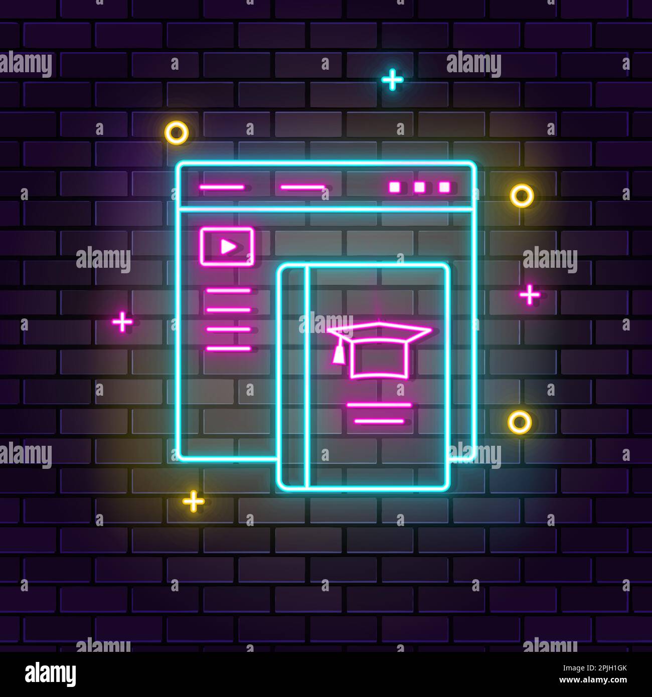 Online graduation, exam neon icon. Education neon icon on dark brick ...