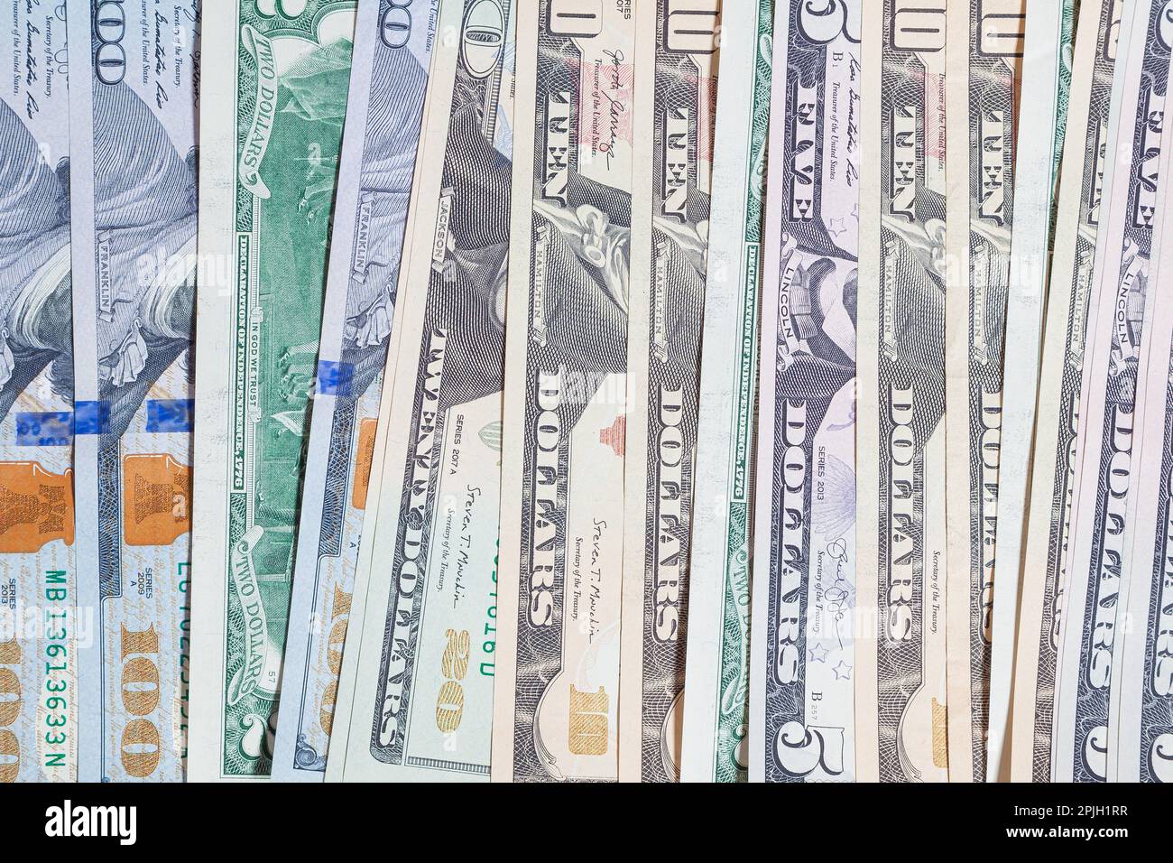 horizontal background of spread out paper US dollars of different ...