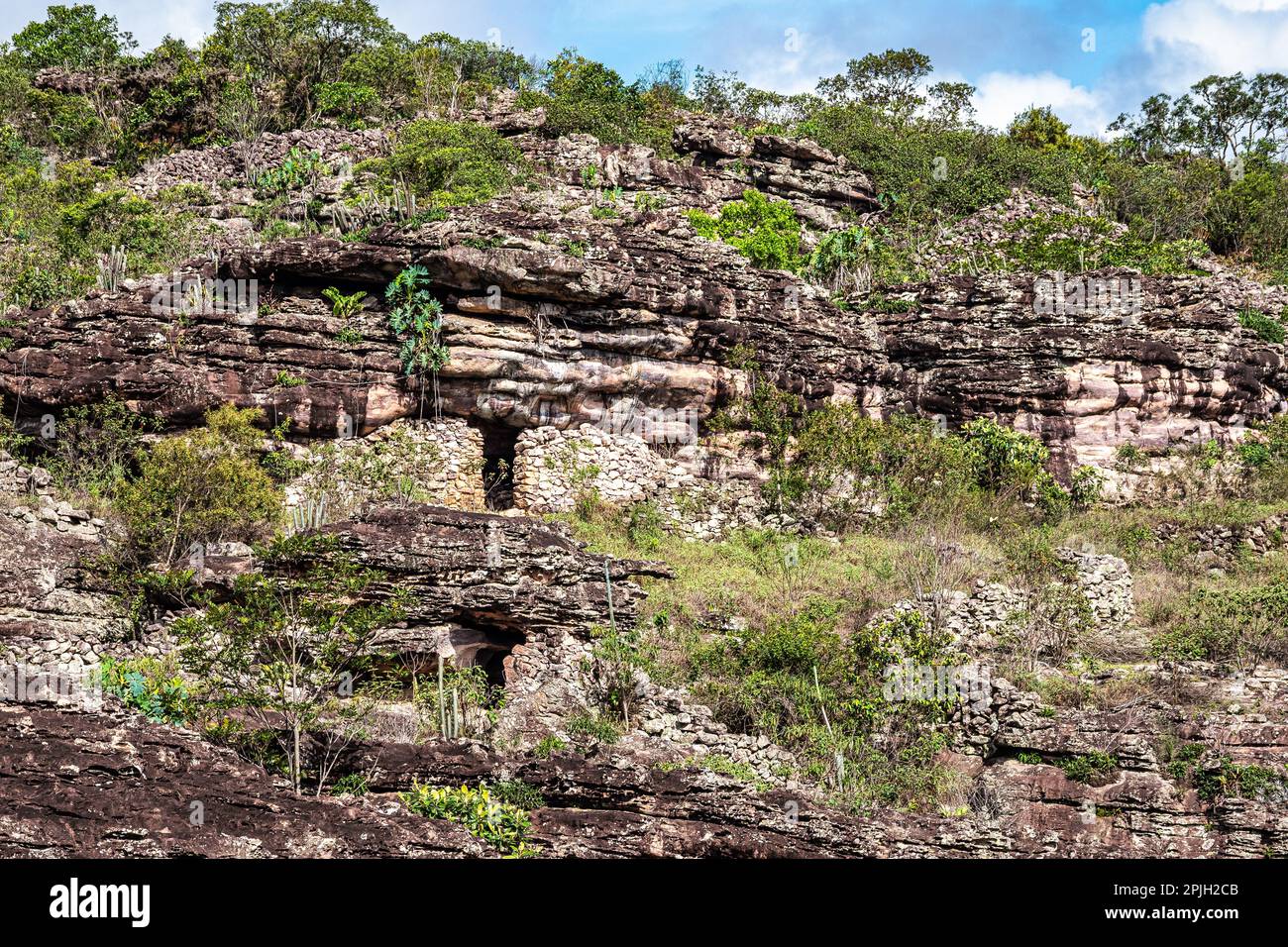 View to rocky house ruins on small historic countryside village of ...