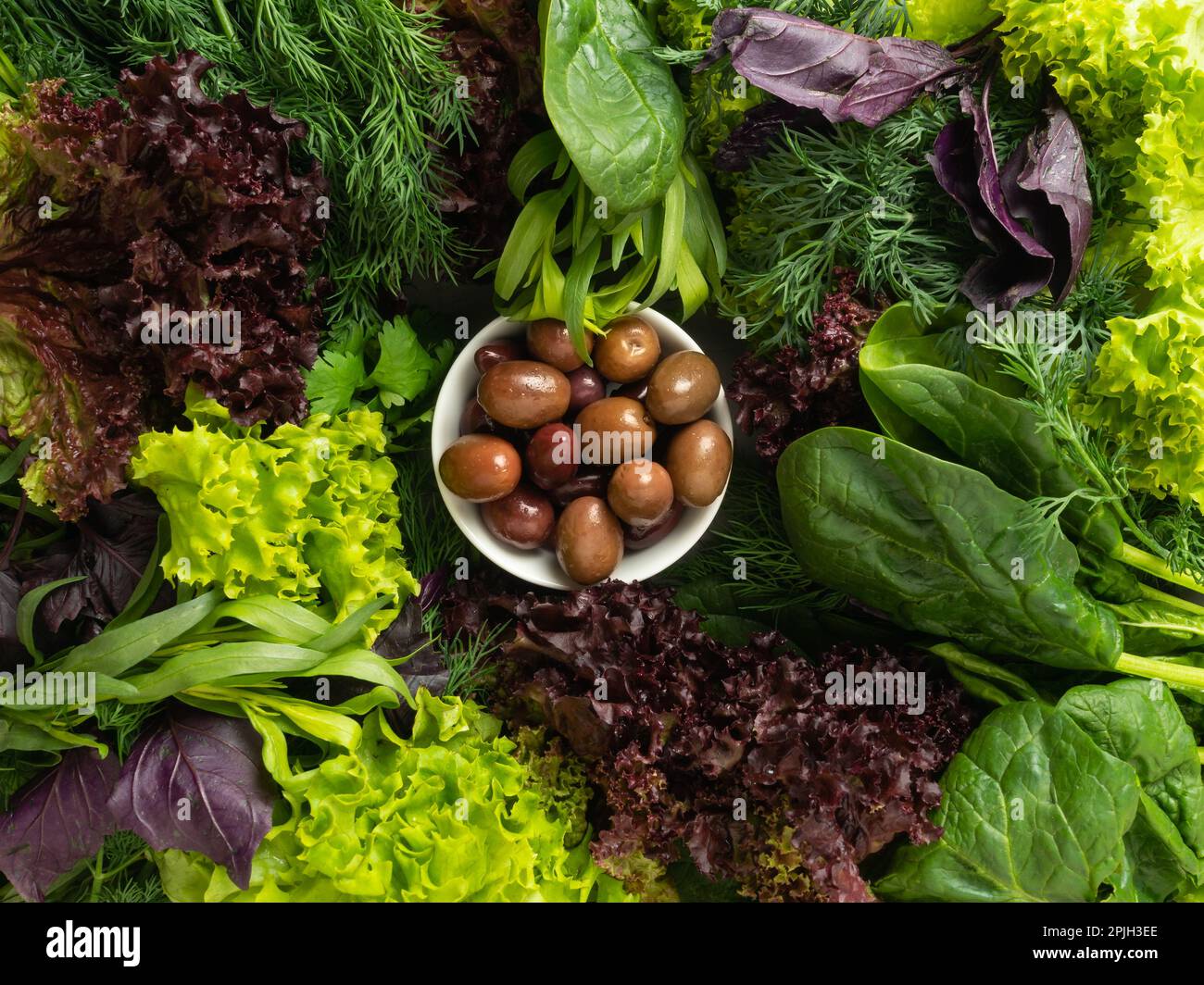 top view - various edible fresh herbs, in the center are green olives ...