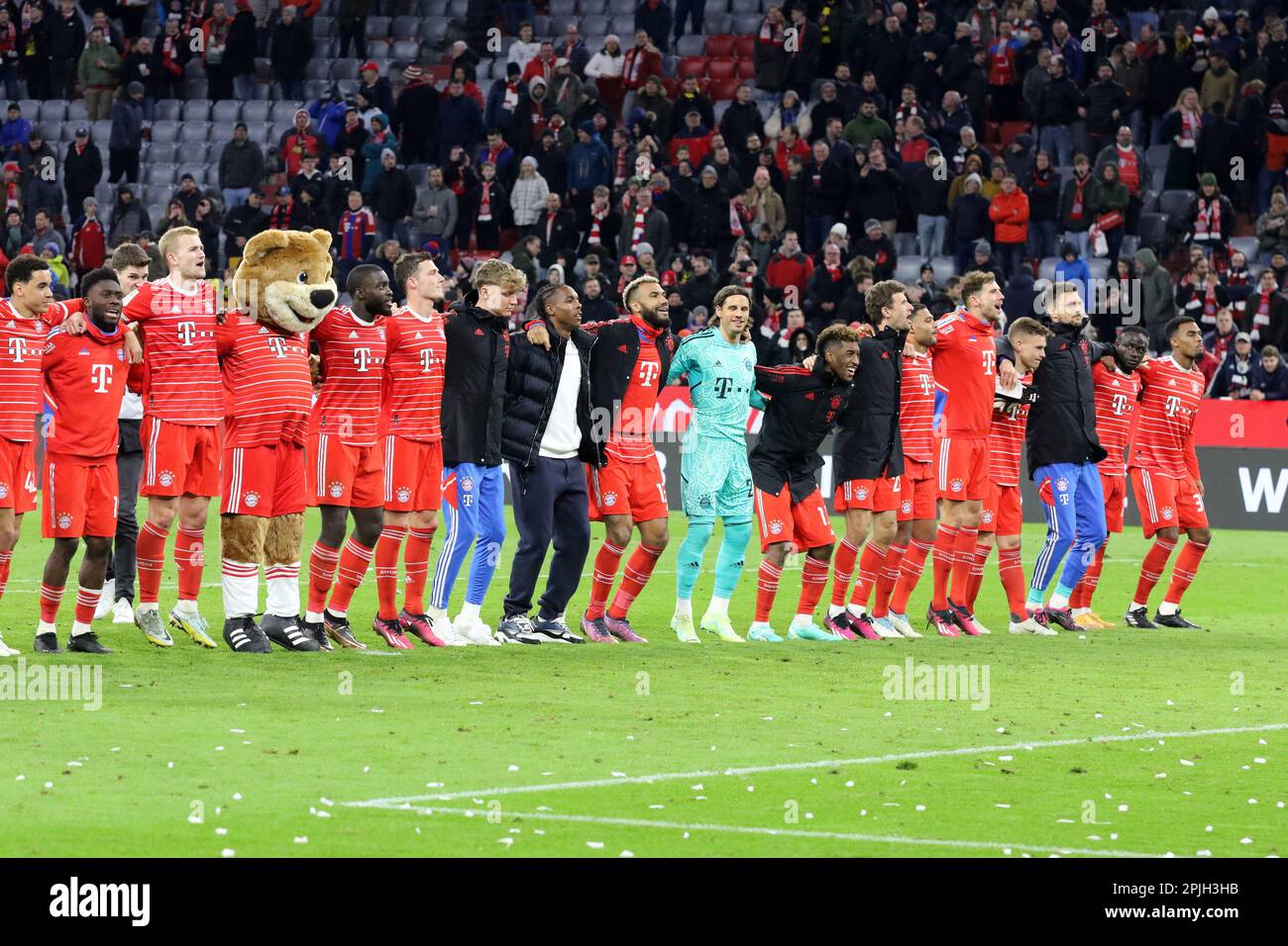 MUNICH, Germany - 01. APRIL 2023: FcBayern players celebrate the 4:2 ...