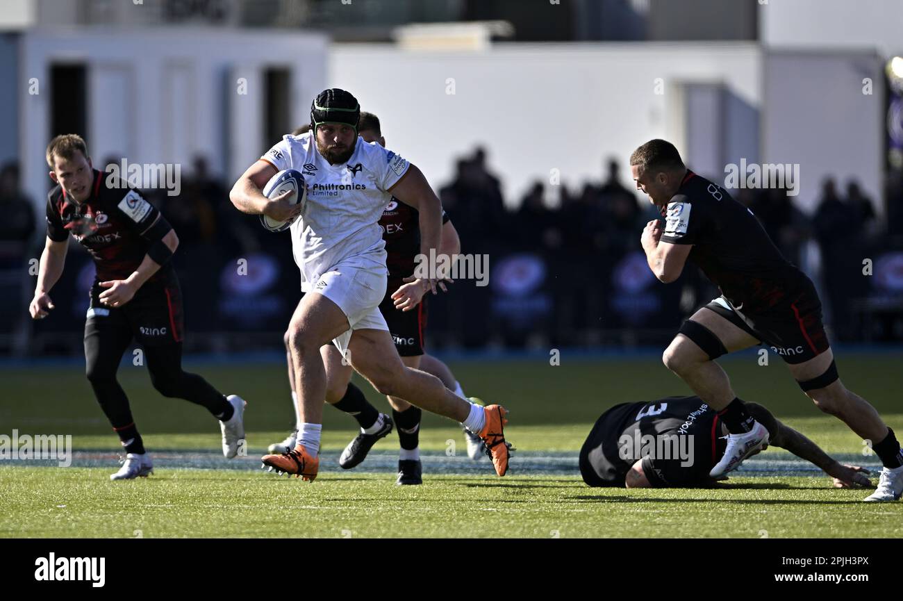Barnet, United Kingdom. 02nd Apr, 2023. EPCR Challenge Cup. Saracens V Ospreys. StoneX Stadium ...