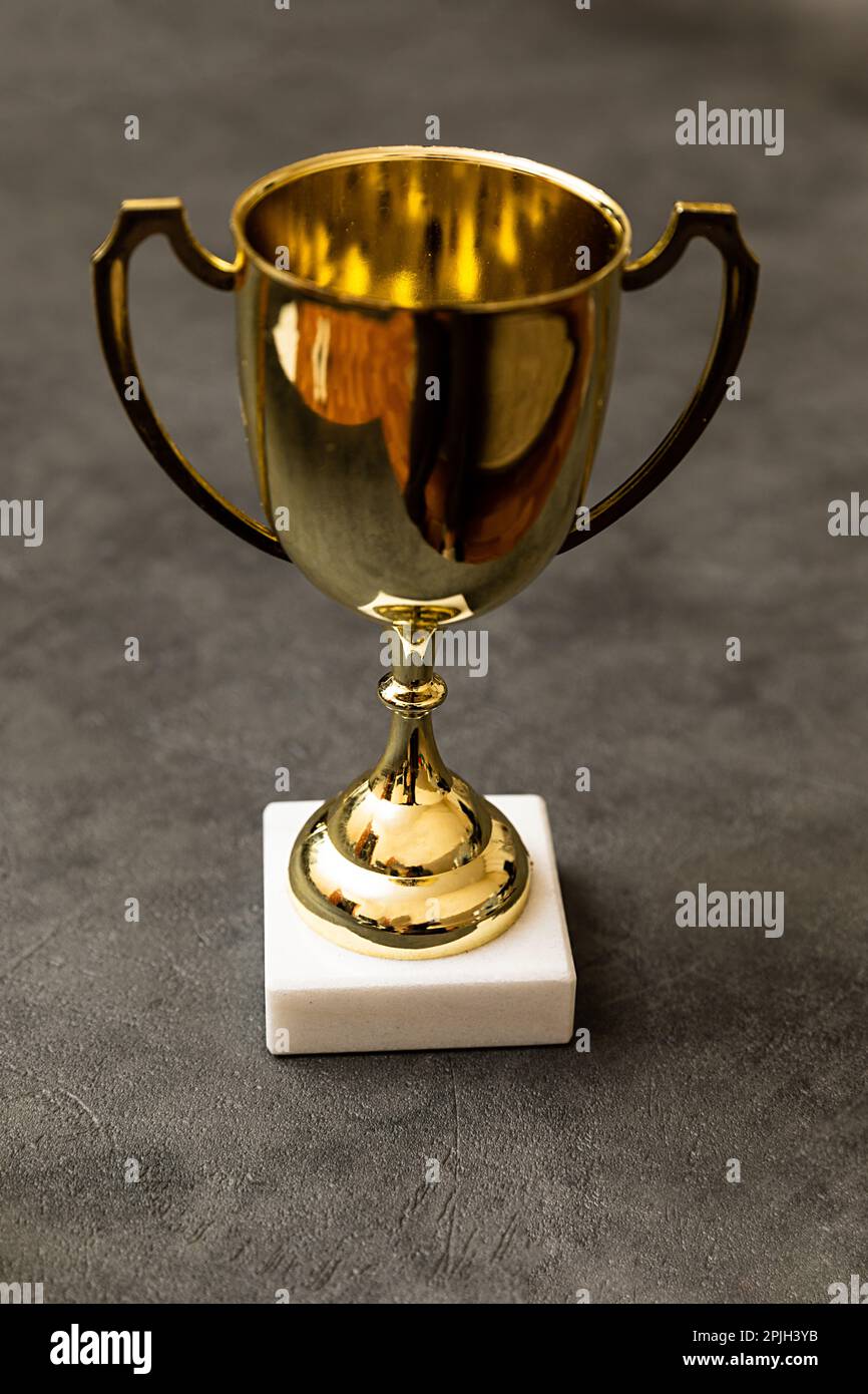 Simply design winner or champion gold trophy cup on concrete stone grey ...