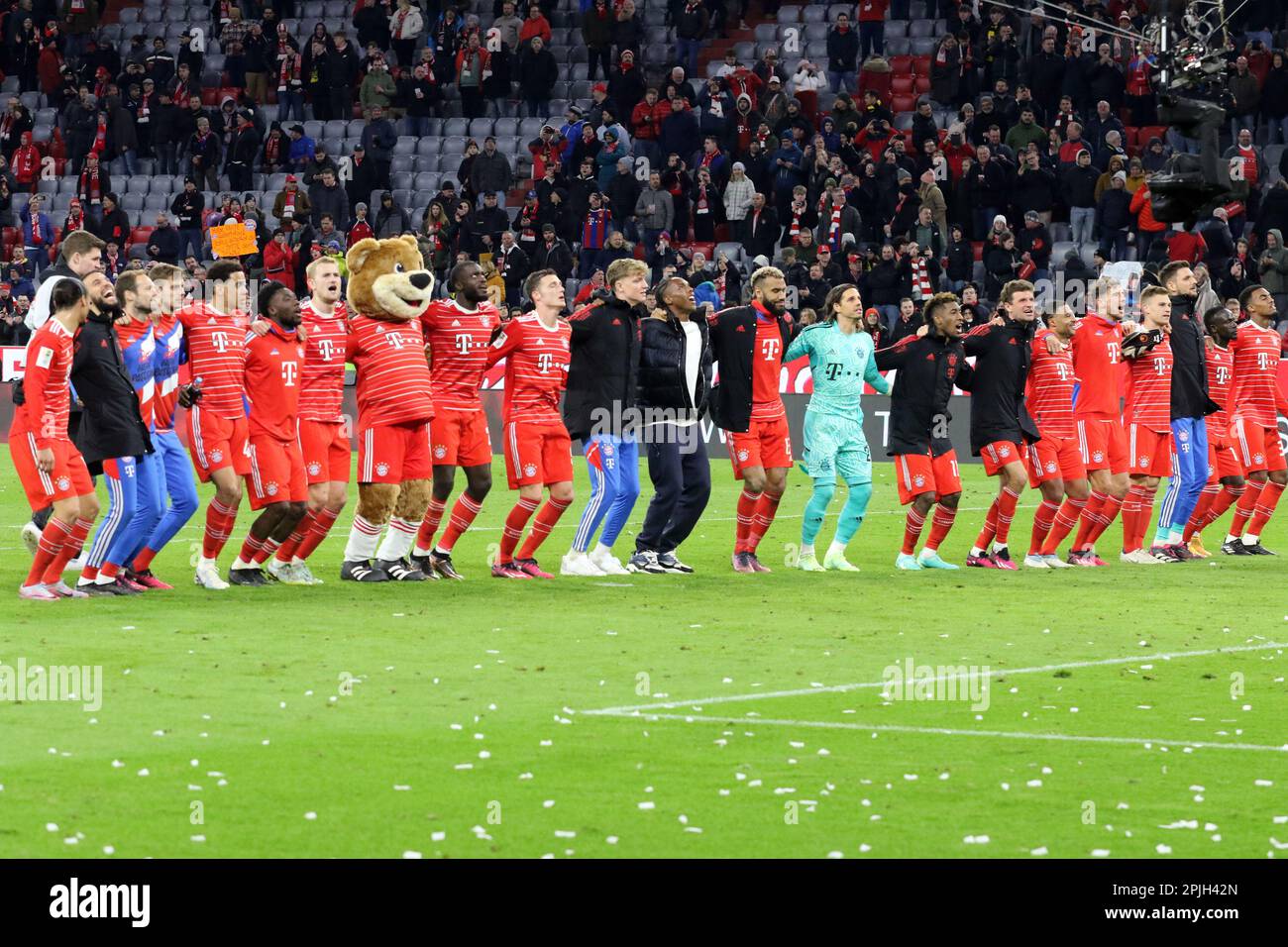 MUNICH, Germany - 01. APRIL 2023: FcBayern players celebrate the 4:2 ...