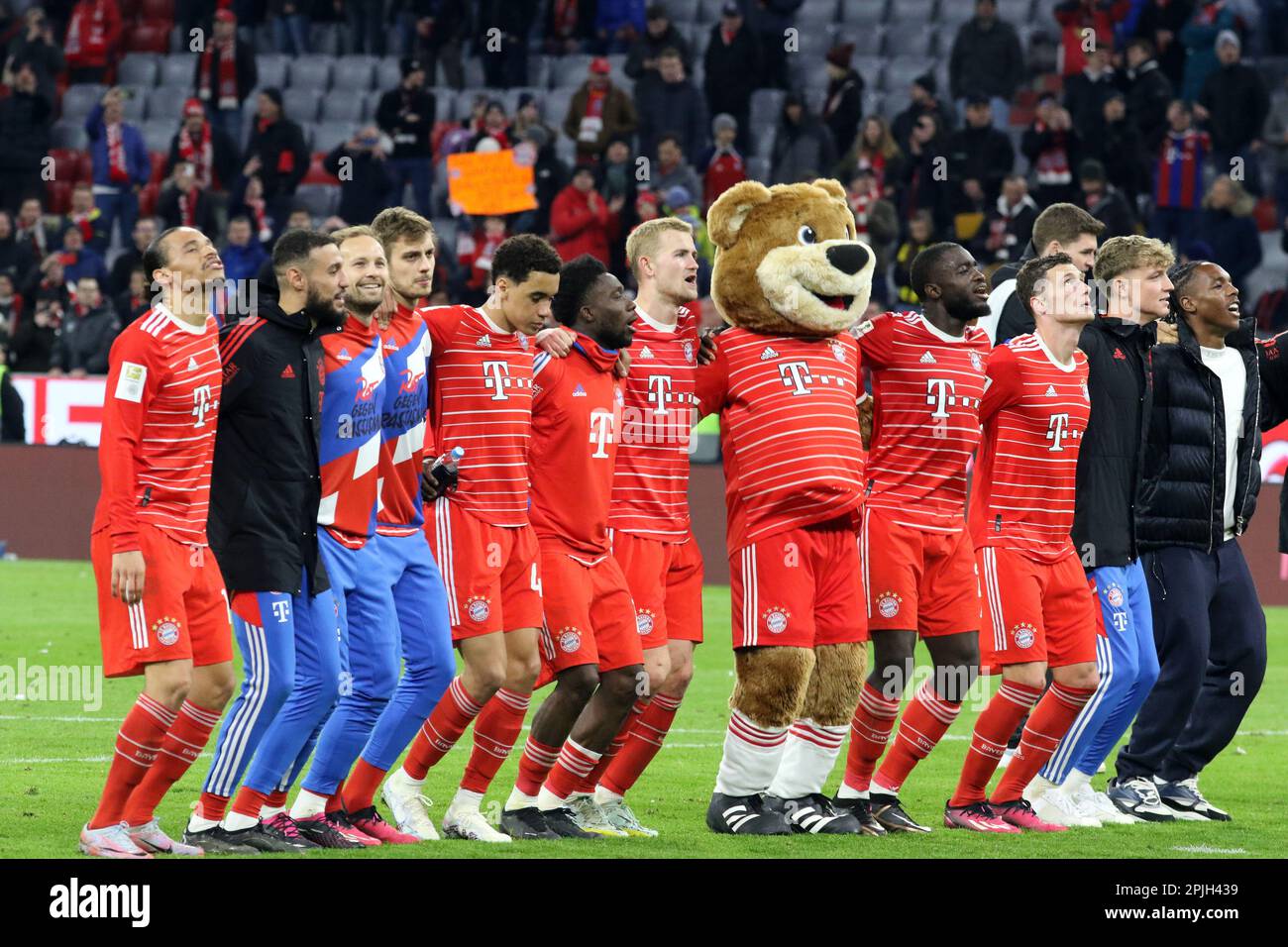MUNICH, Germany - 01. APRIL 2023: FcBayern players celebrate the 4:2 ...
