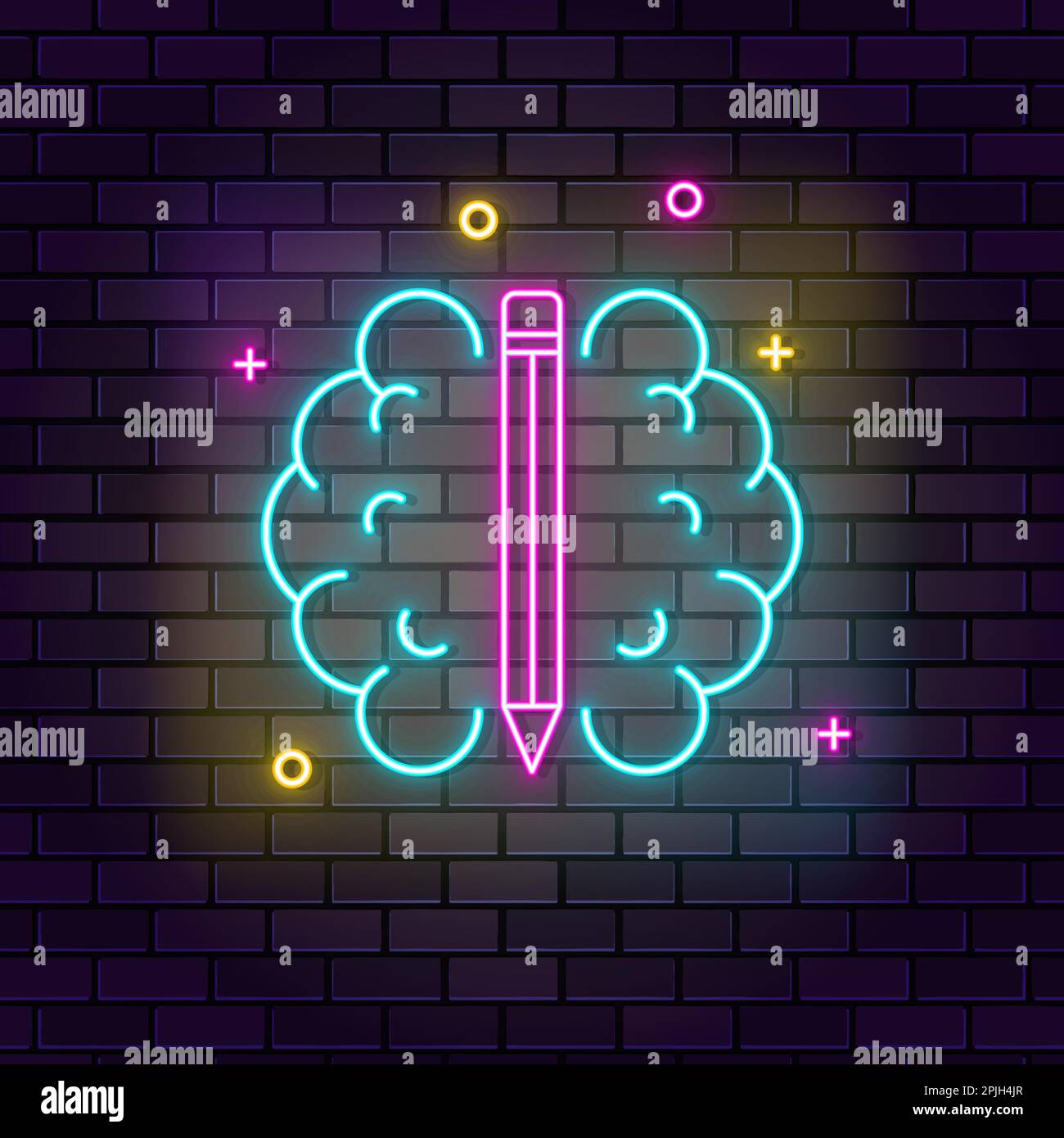 Brain, pencil neon icon. Education neon icon on dark brick wall ...