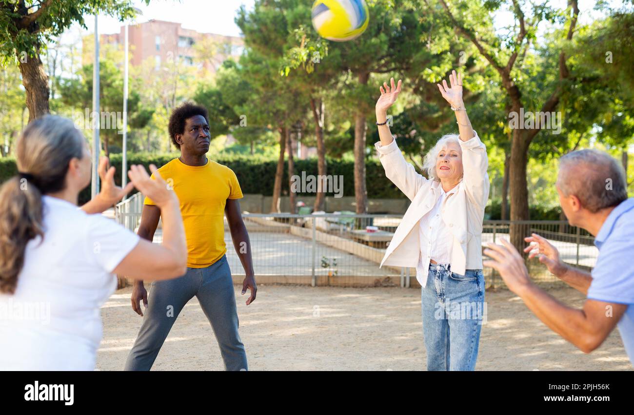 Happy mature people playing volleyball in summer park Stock Photo - Alamy