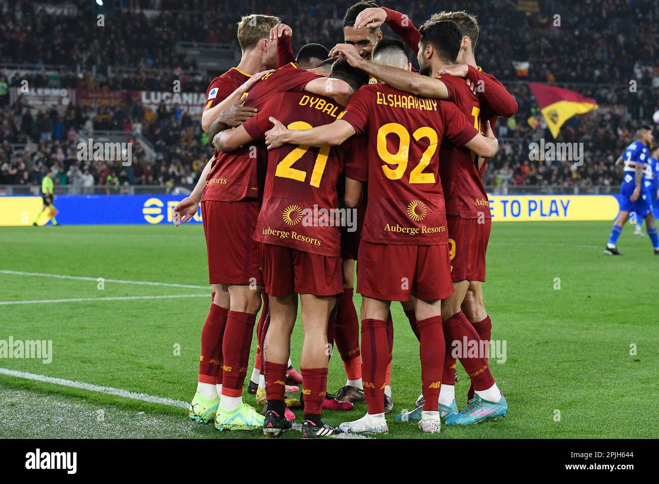 Roma's players jubilates after scoring the goal 2-0 in the 88th minute ...