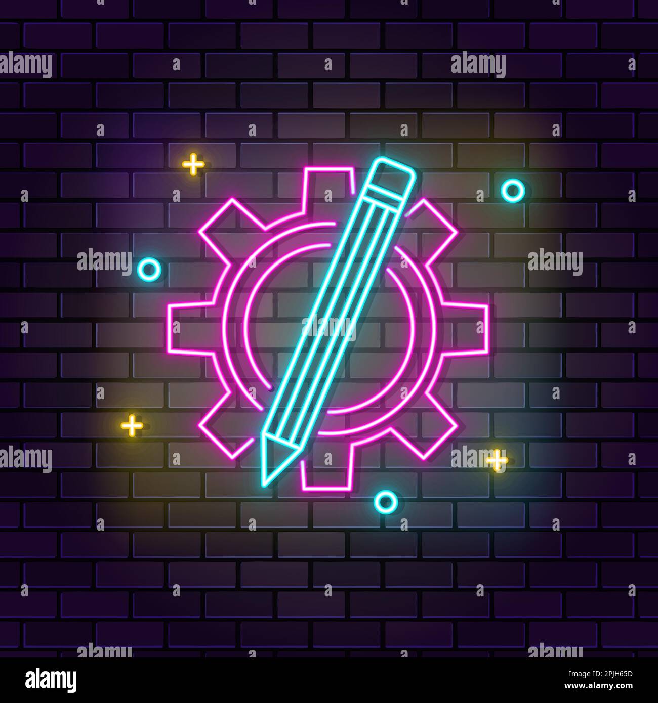 Settings neon icon. Education neon icon on dark brick wall background ...