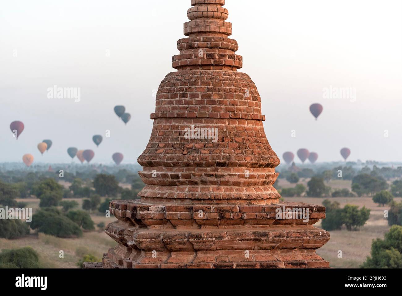 Hot air balloons over the temples of Bagan, seen from Pyathada Paya ...