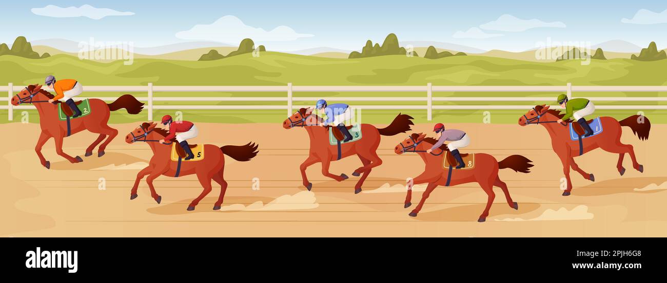 Hippodrome competitions. Cartoon horse racing panorama, equestrian ...