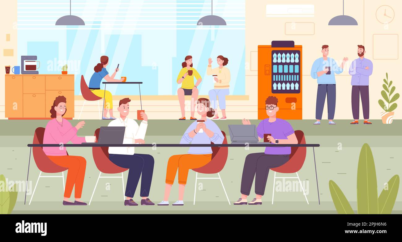 Coworkers coffee break. Gathering employees on office kitchen, staff ...