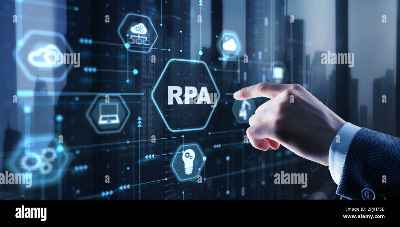 RPA Robotic Process Automation system. Artificial intelligence concept ...