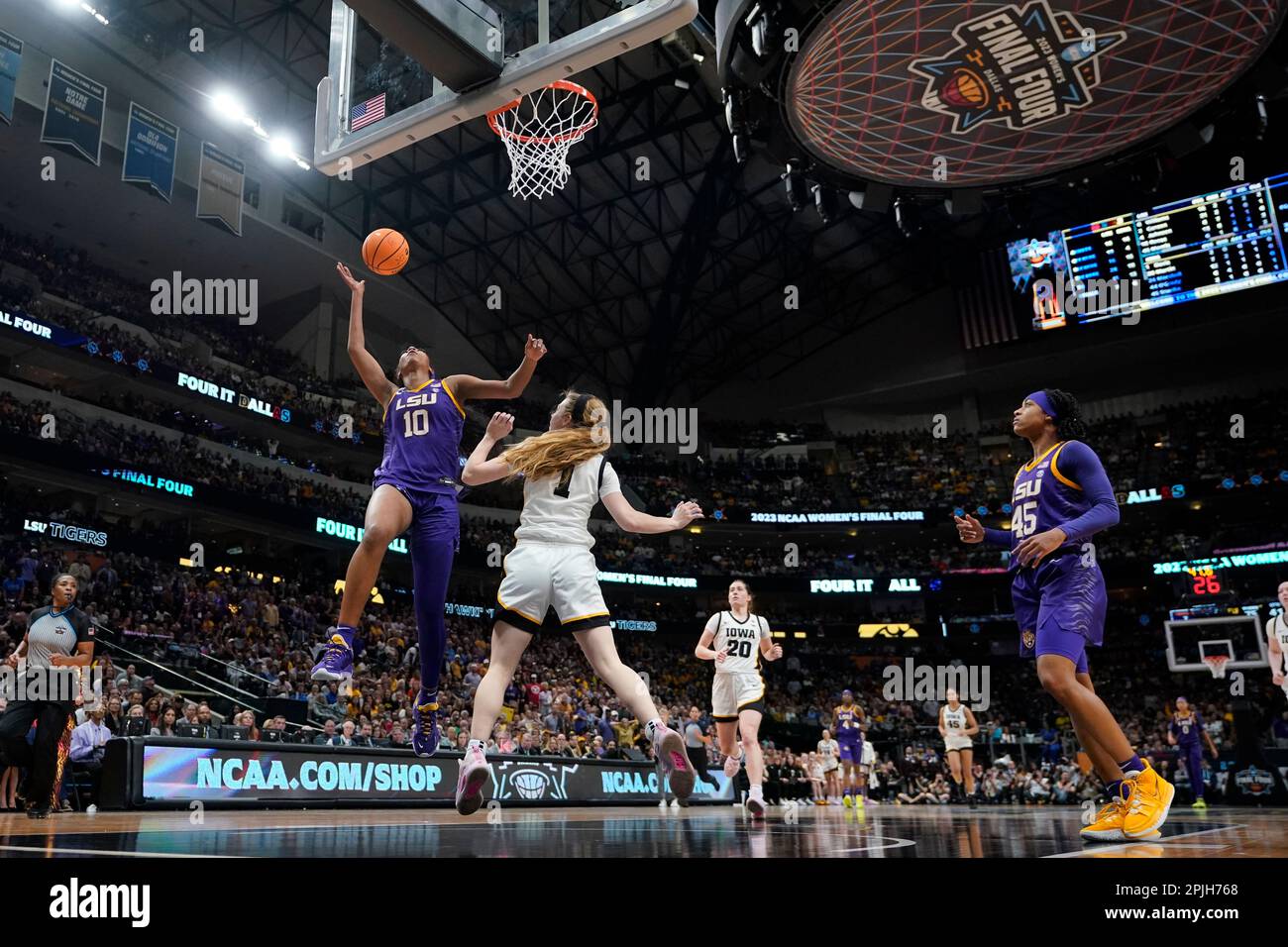 LSU's Angel Reese shoots past Iowa's Molly Davis during the second half ...