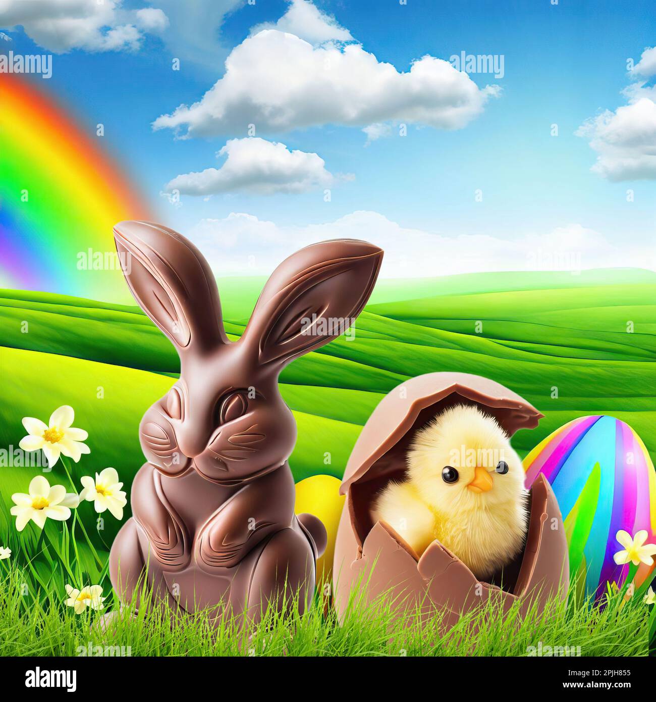 Easter card - a sweet chocolate bunny is a chick surrounded by an ...