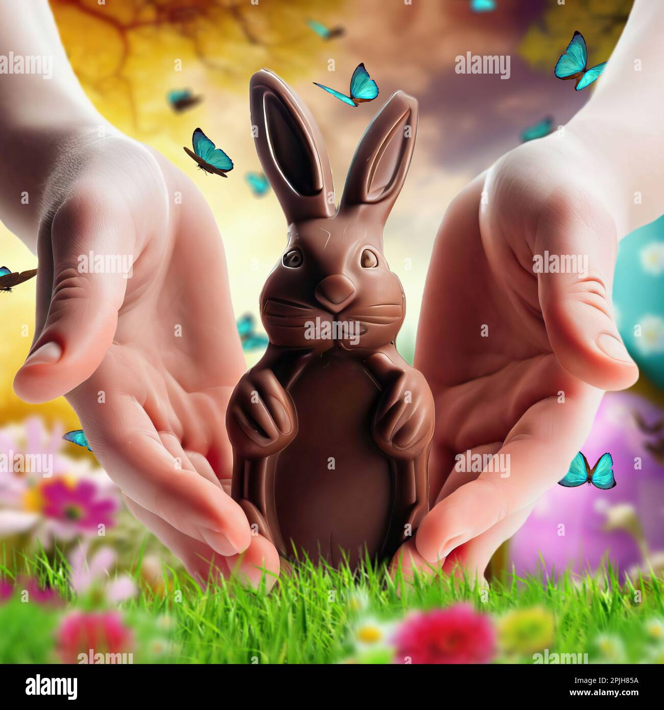 Easter card - hands show a sweet chocolate bunny immersed in an idyllic ...