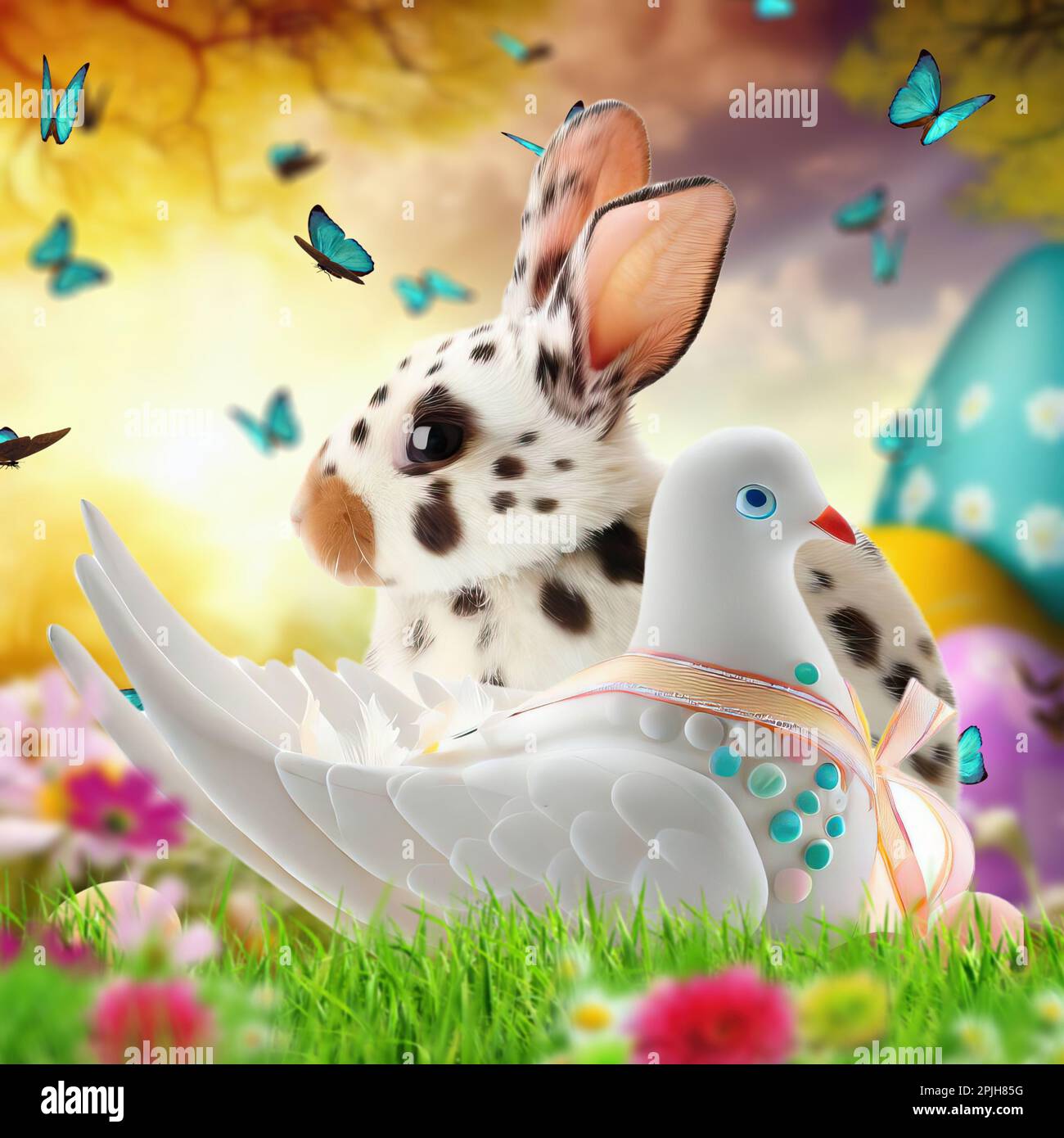 Easter card, A multicolored Easter dove and a bunny in a fairytale ...