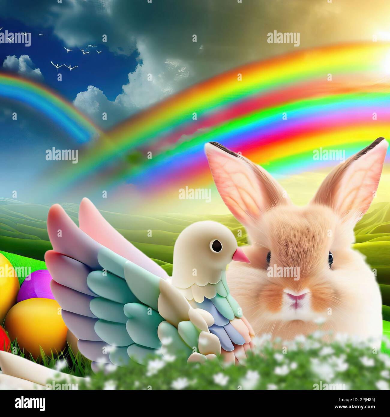 Easter card, A multicolored Easter dove and a bunny in a fairytale ...