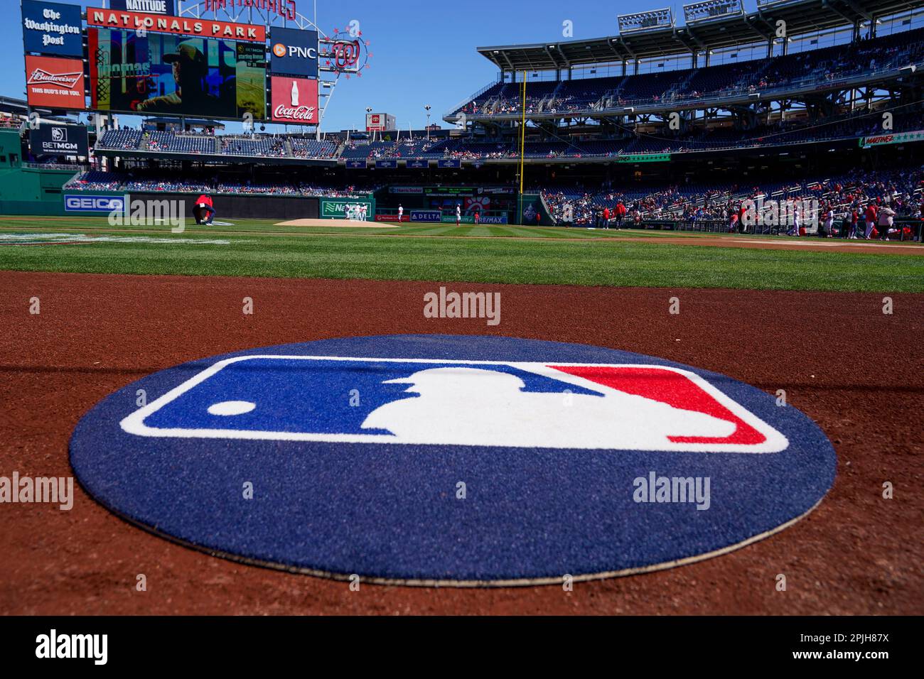 The on-deck circle with the MLB logo is in place before a baseball game ...