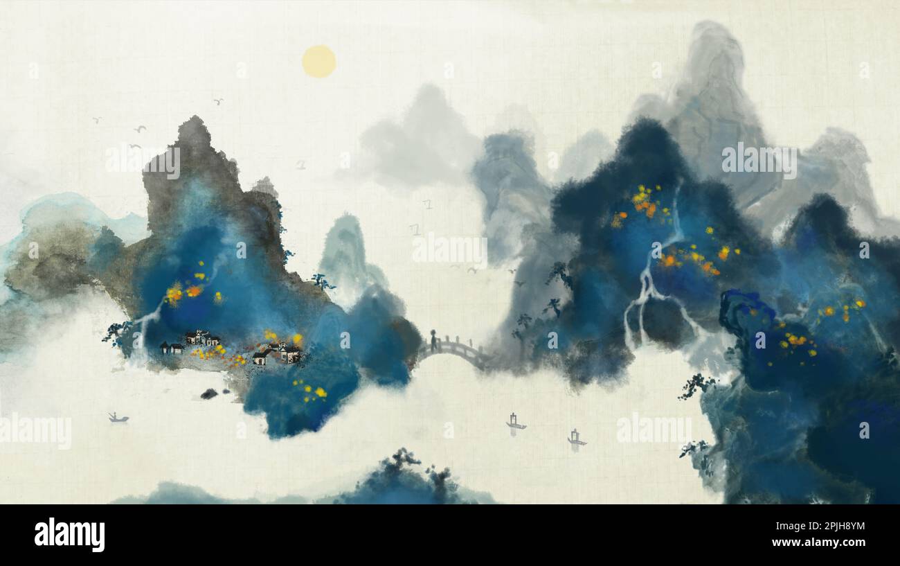 Spring splash ink Chinese style illustration Stock Photo - Alamy