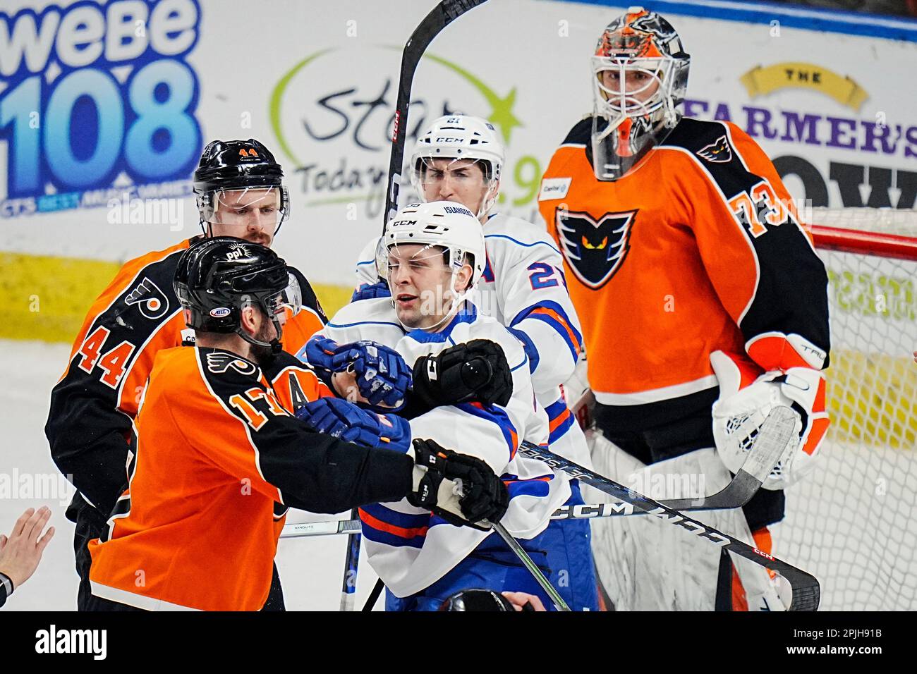 April 2, 2023: Bridgeport Islanders Jeff Kubiak, center, and Lehigh ...