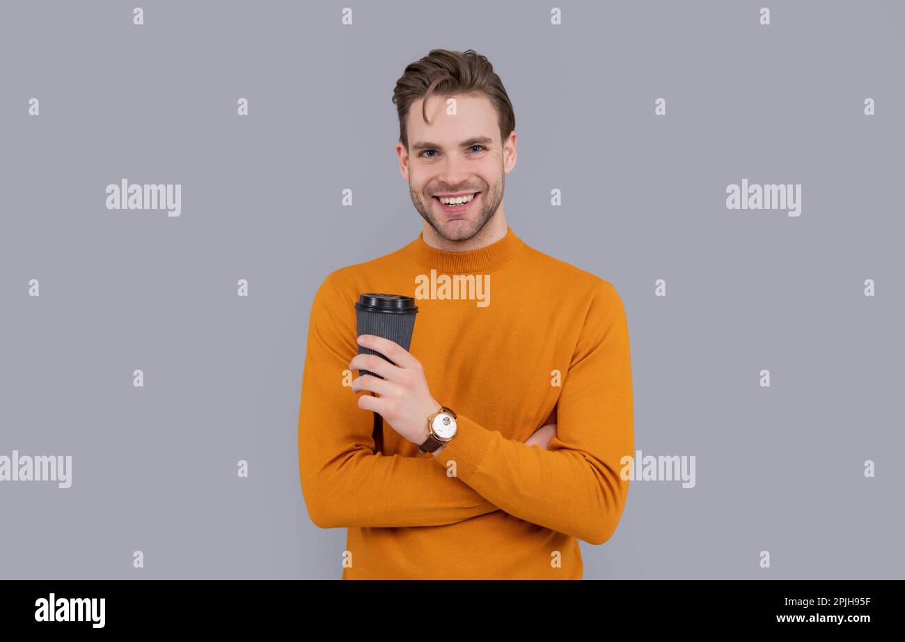 photo of smiling man at coffee break. man at coffee break isolated on ...