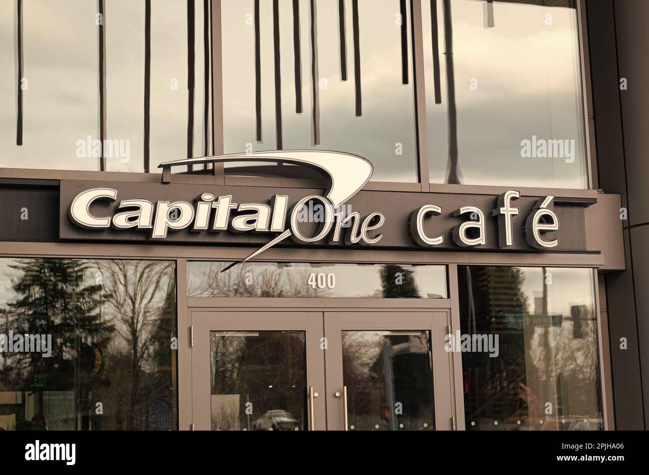 Seattle, Washington D.C. USA - April 02, 2021: capital one cafe brand ...