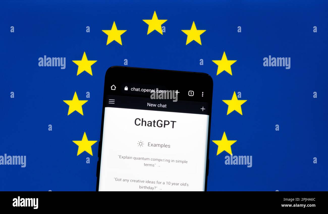 ChatGPT chat bot seen on smartphone and flag of EU on the laptop ...