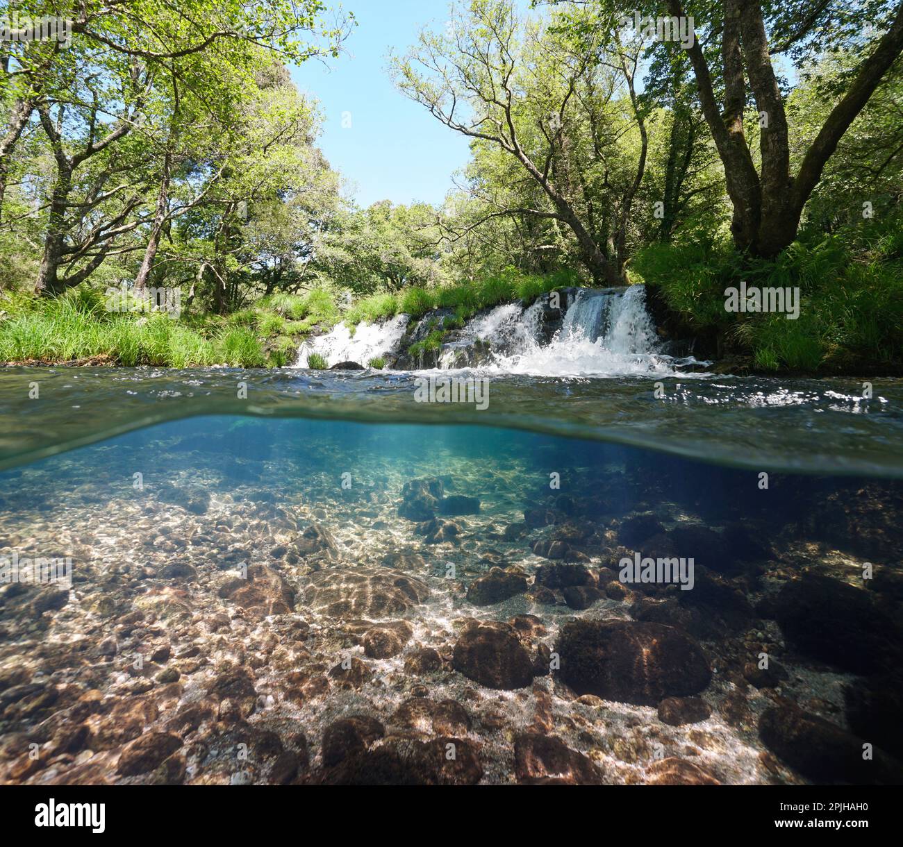 Small waterfall on a river, over and under water surface, split level ...