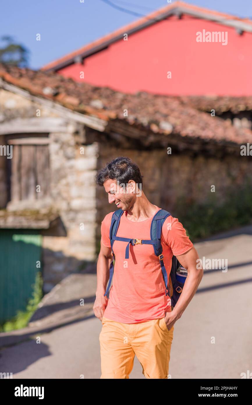 Indian mid man in Asturias summer vacation. Casual hiker adventure with ...