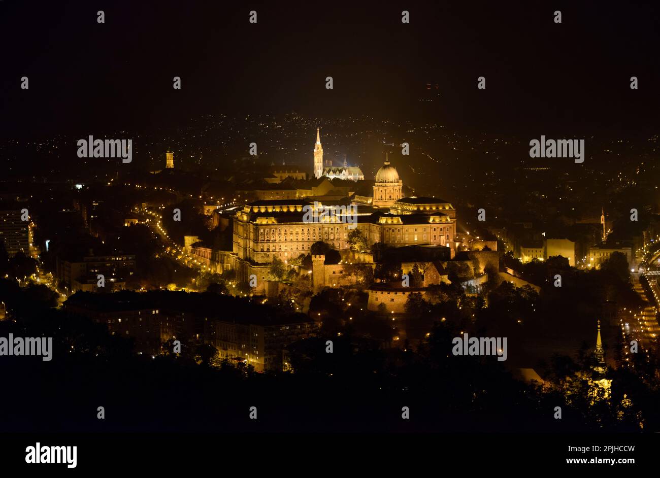 High angle night view towards Buda Castle with Royal Palace and ...