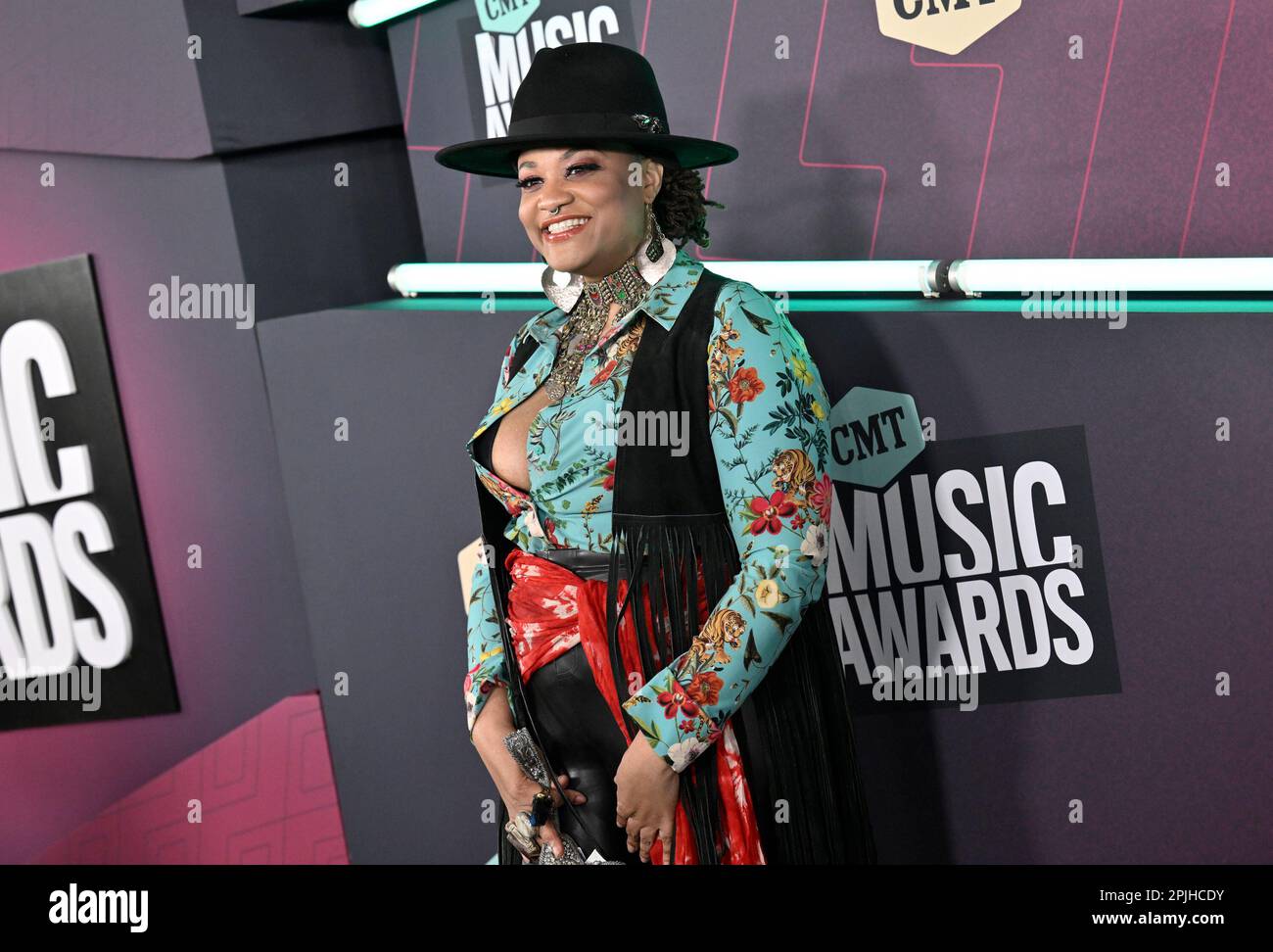 Tameca Jones arrives at the CMT Music Awards on Sunday, April 2, 2023 ...
