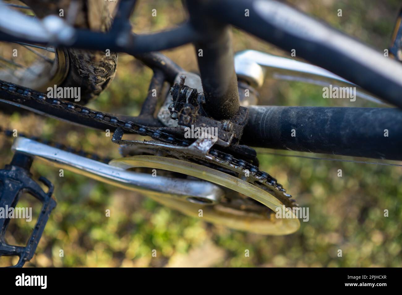 Bike parts on street. Preparation of bike for cycling season, repair ...
