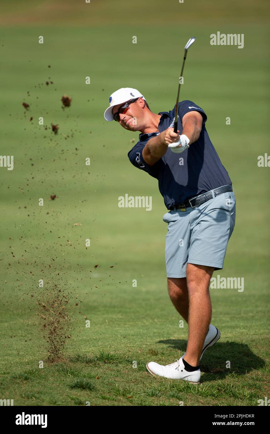 Alternate, Andy Ogletree of Crushers GC hits his shot from the fairway ...