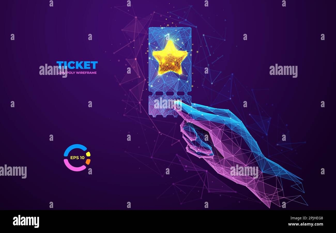 Ticket in hand, Voucher with golden star. Coupon in a hand of person ...