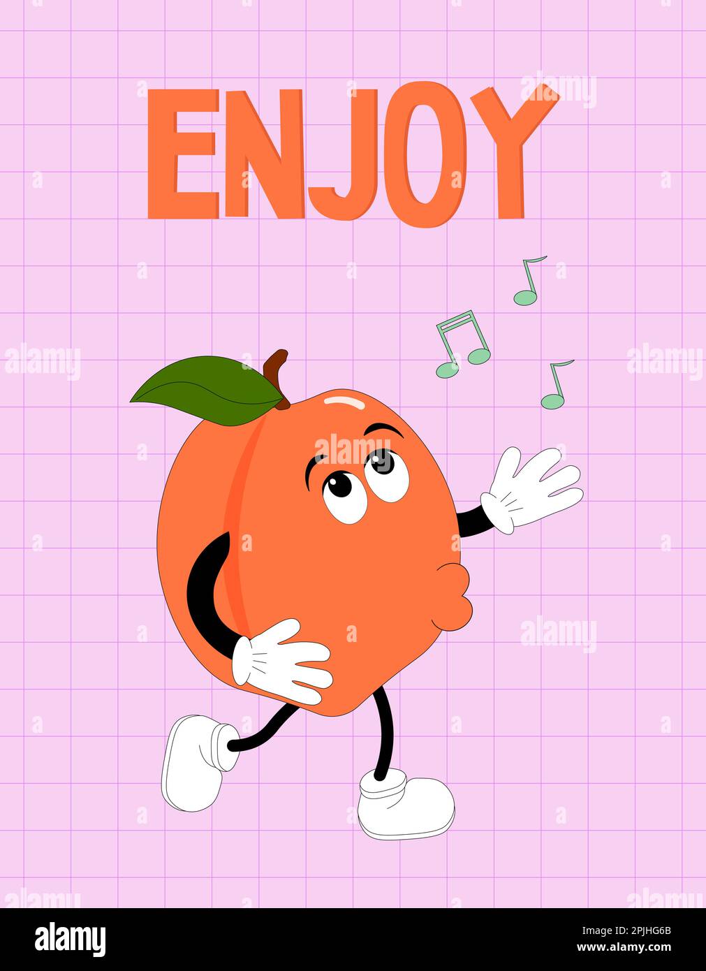 Cartoon peach sings songs. Postcard template with an inscription Stock ...