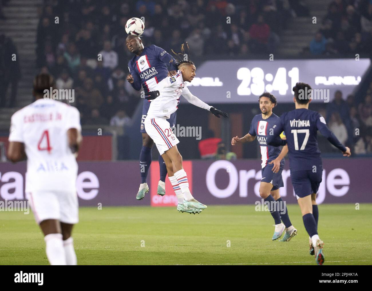 Paris, France - 02/04/2023, Paris, France - 02/04/2023, Danilo Pereira of PSG, Bradley Barcola ...