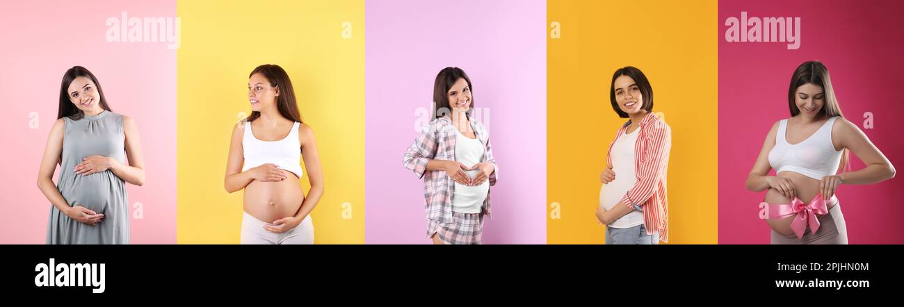 Collage with photos of beautiful pregnant women on different color ...