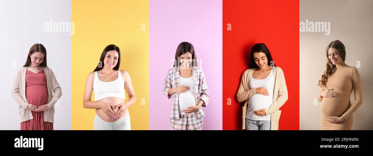 Collage with photos of beautiful pregnant women on different color ...
