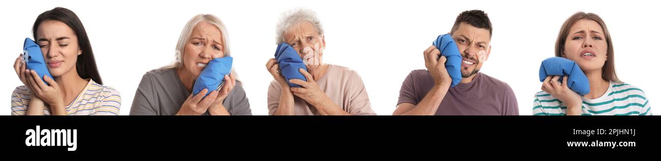 Collage with photos of people suffering from toothache on white ...