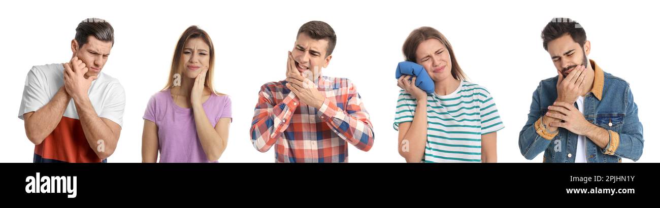 Collage with photos of people suffering from toothache on white ...