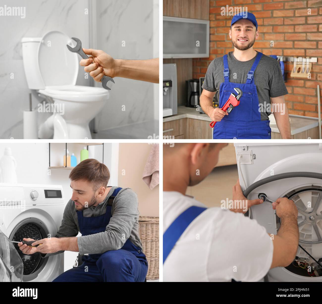 Collage with photos of professional plumbers and their tools Stock ...
