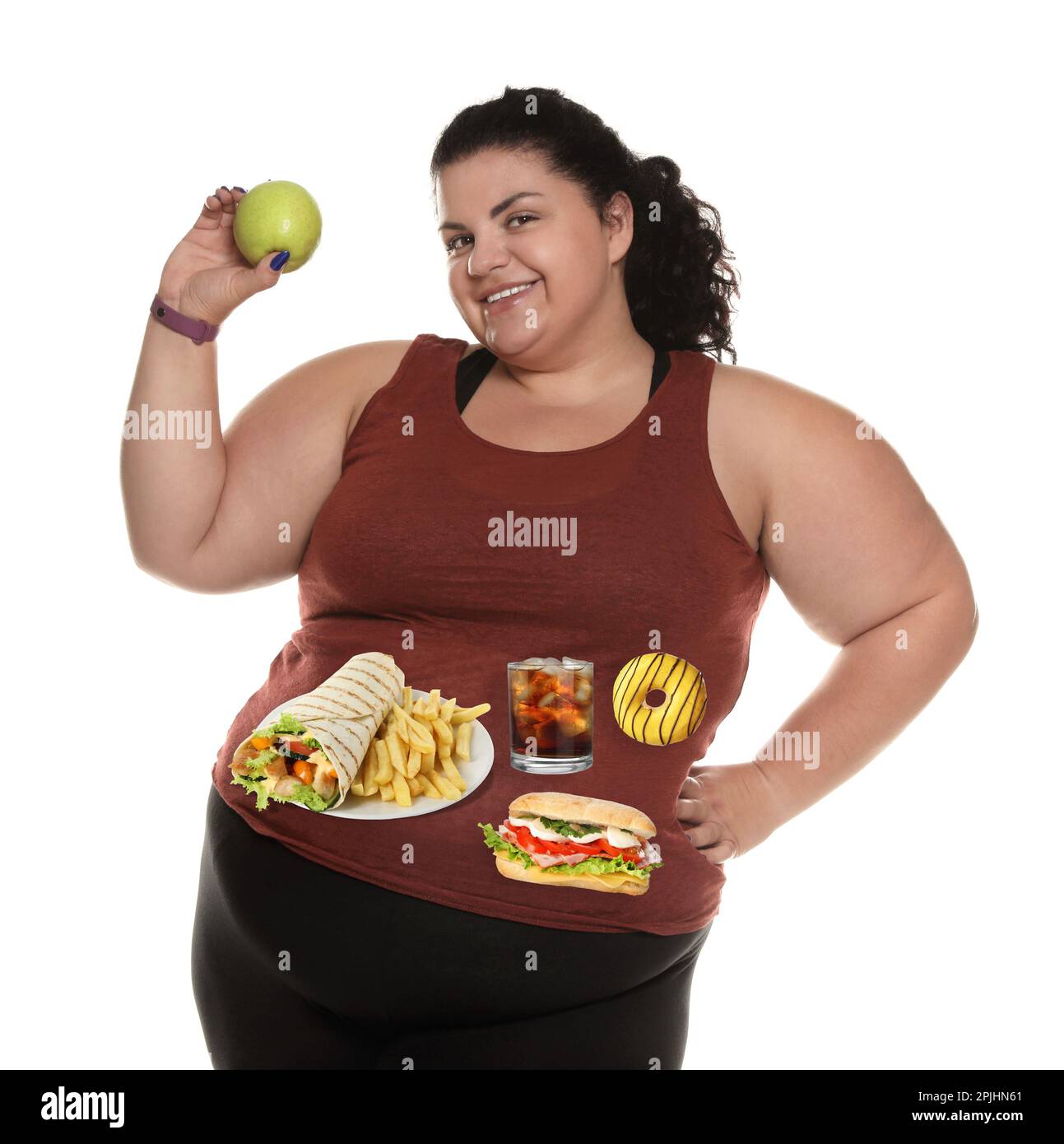 Happy overweight woman with apple and images of different unhealthy ...